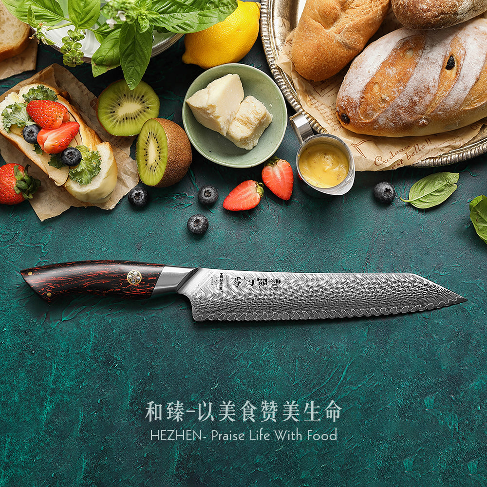 HEZHEN 8.3 inches 73 Layers Damascus Steel Bread Knife Elegant Pattern ...