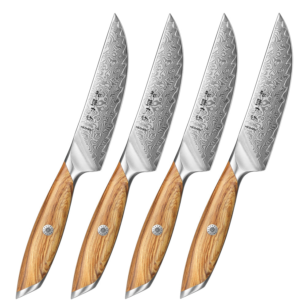 HEZHEN 4-piece Steak Knife Set, 73 Layers Damascus Powder Steel, Olive ...
