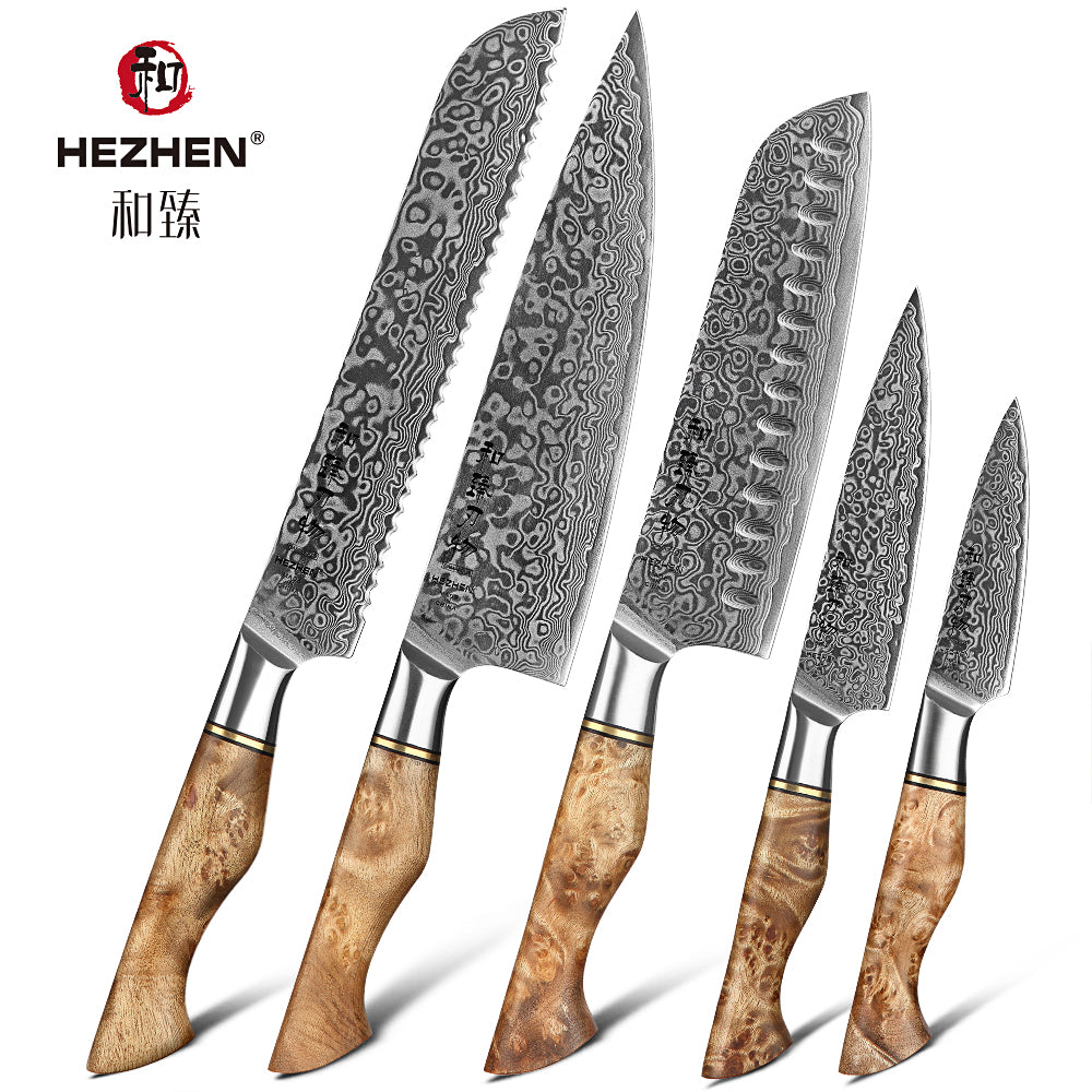 HEZHEN 5PC Kitchen Knife Set Professional Damascus Steel Chef Bread Pa ...